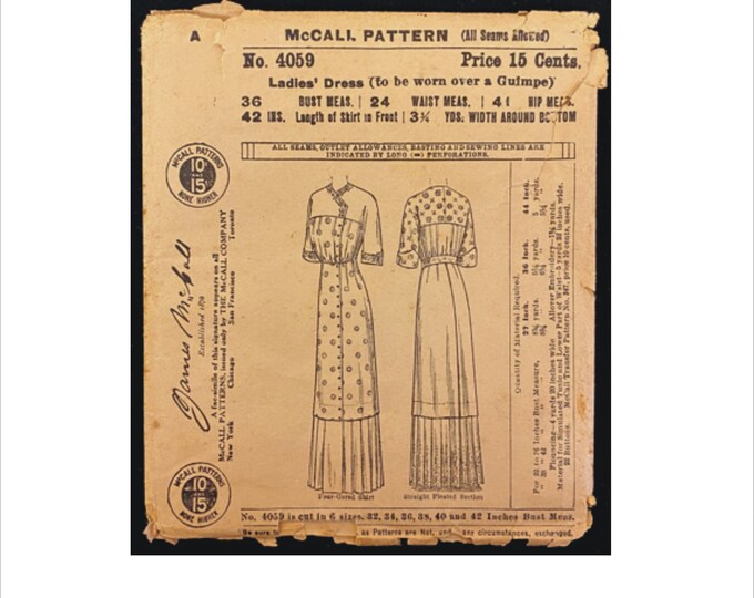 Uncut 1900s Bust 36 Ladies Edwardian Button Front Dress Mccall 4059 ...