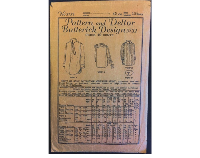 1920s Chest 40 Neck 15 1/2 Men’s Outing or Negligee Shirt Butterick ...