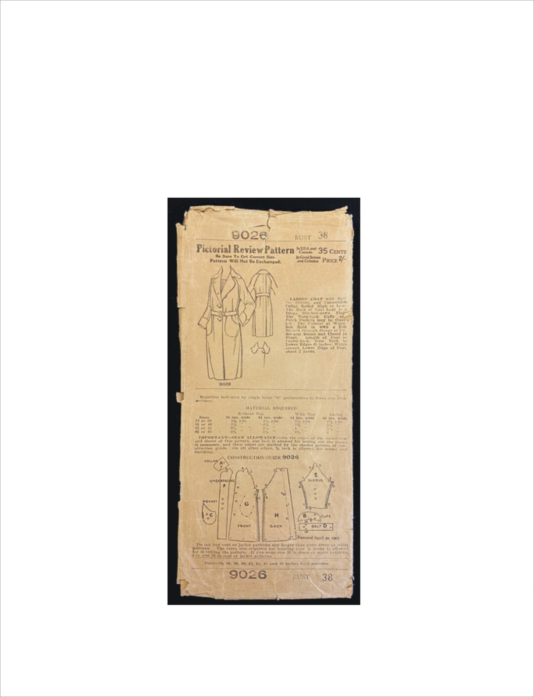1920s Size 38 Bust 38 Ladies Coat Pictorial Review 9026 Vintage Sewing ...