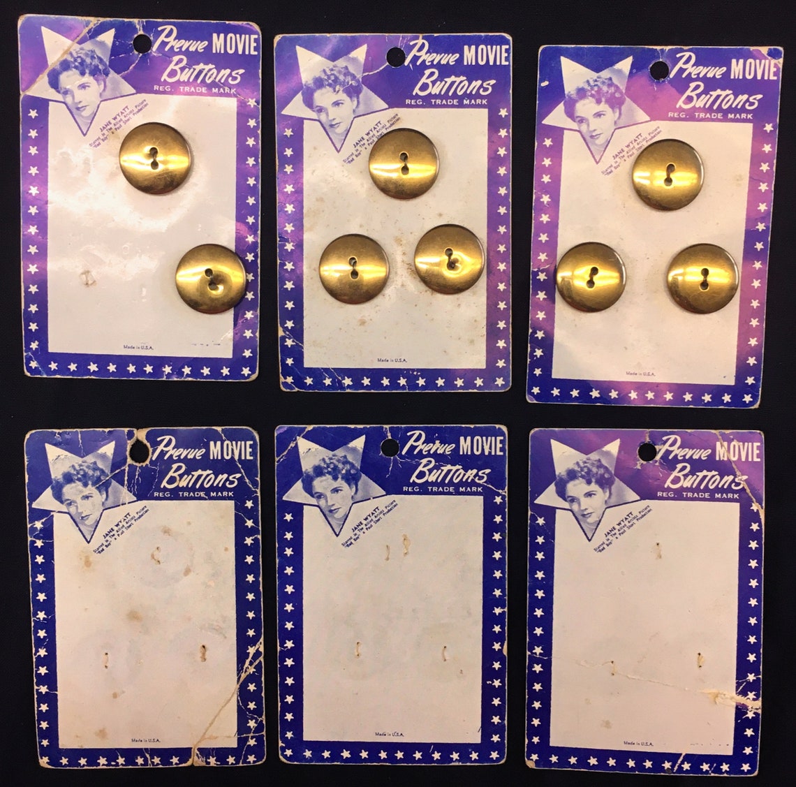 1940s Lot 68 Metal Prevue Movie Buttons Cards Gold Tone Silver Tone ...