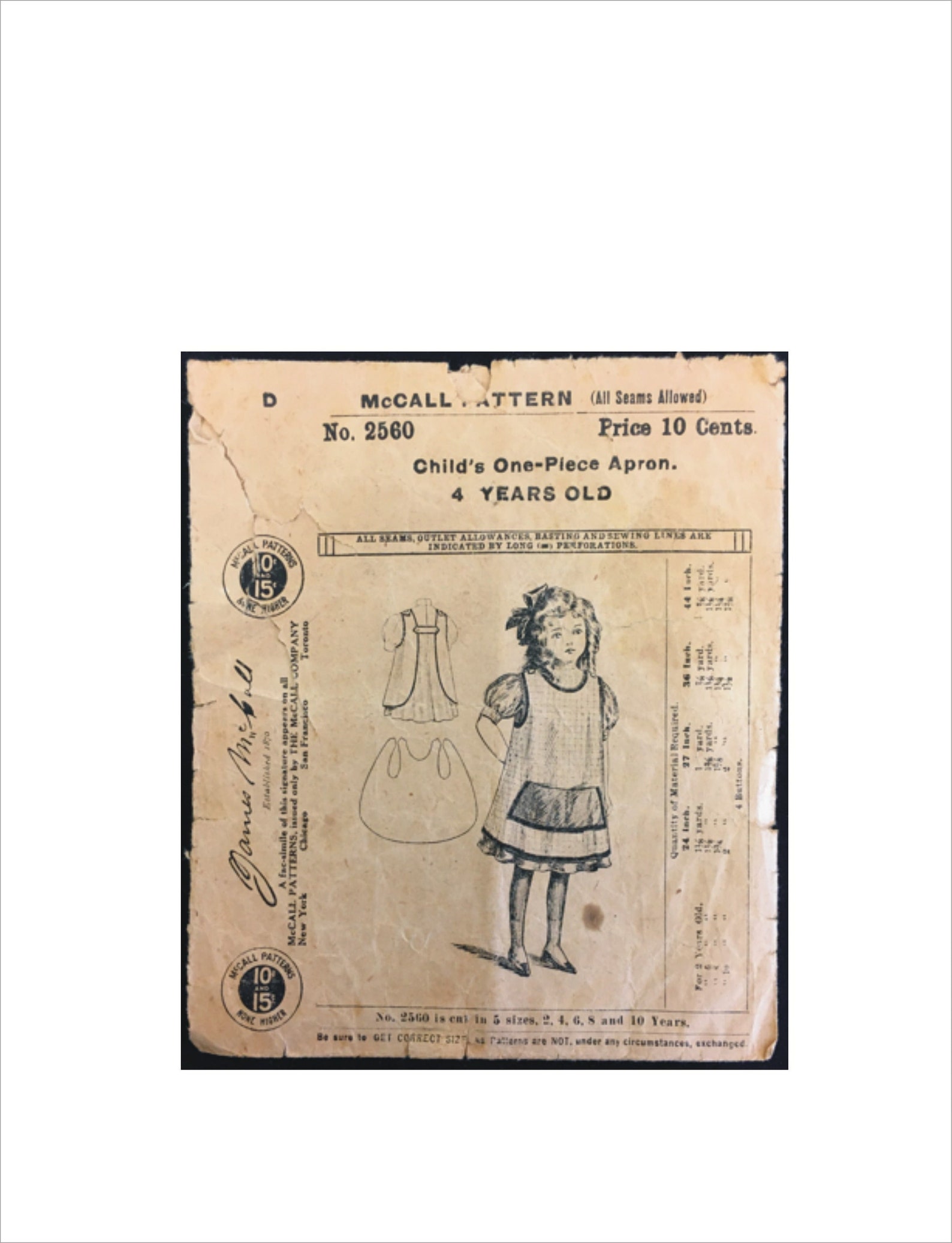 1900s Size 4 Years Girls One Piece Apron Pocket Mccall 2560 Vintage ...