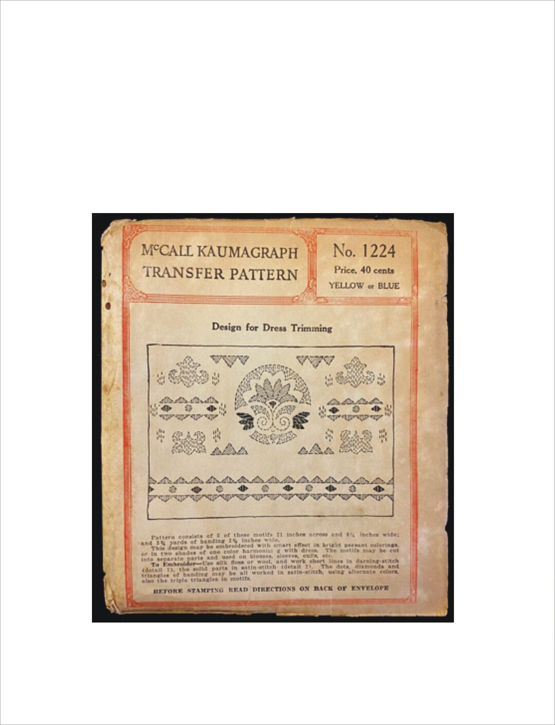 1920s One Size Kaumagraph Transfer Design Dress Trimming Mccall 1224 ...