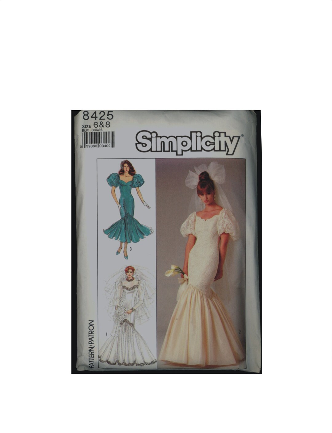 1980s Size 6 8 Bust 30 31 1/2 Mermaid Wedding Gown Dress Simplicity 8425 Vintage Sewing Pattern ...