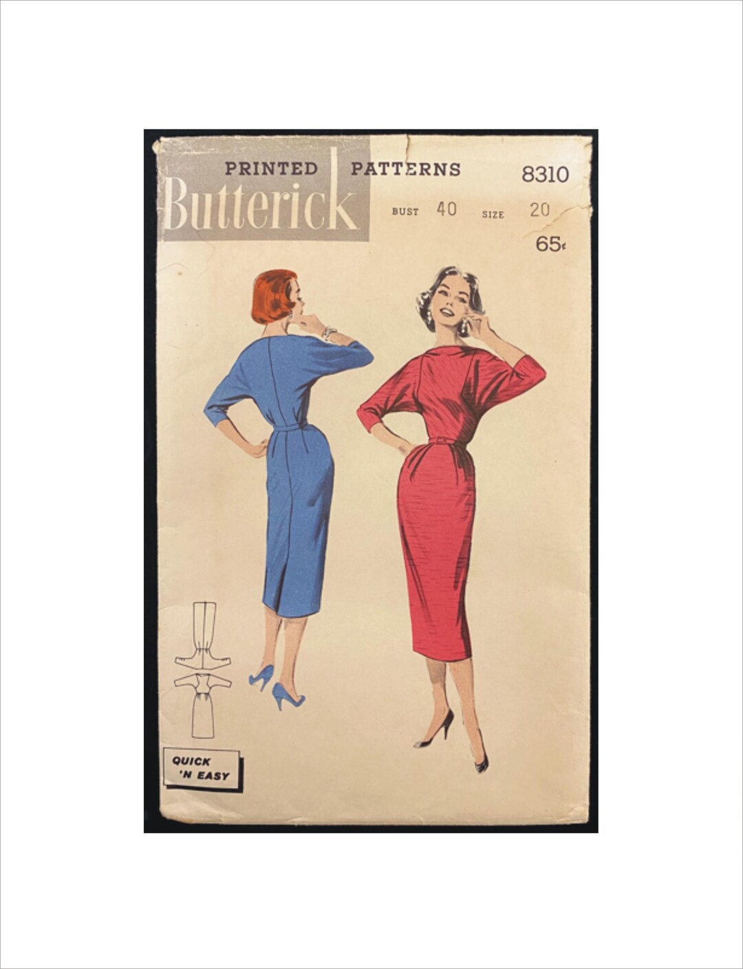 1950s Size 20 Bust 40 Easy Deep Sleeve Sheath Dress Butterick 8310 ...