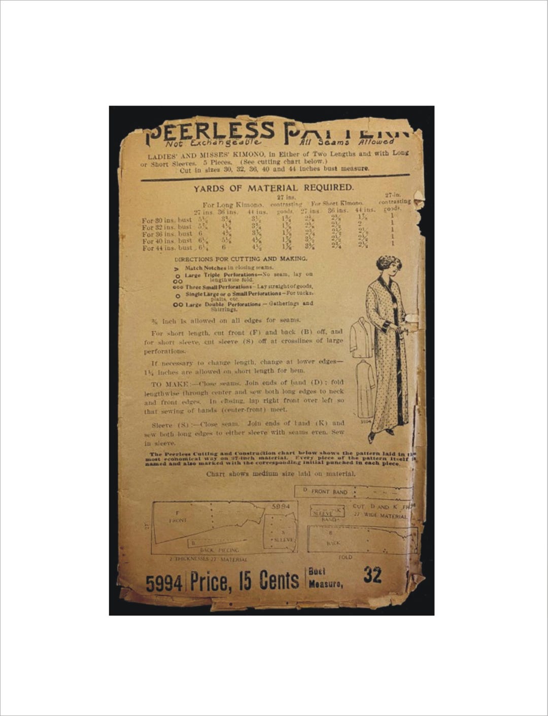 Uncut 1920s Size Bust 32 Ladies’ Kimono Peerless 5994 Vintage Sewing ...
