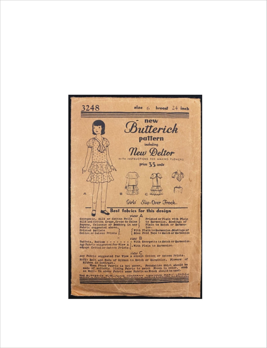1930s Size 6 Years Breast 24 Inch Girls Slip Over Frock Butterick 3248 ...
