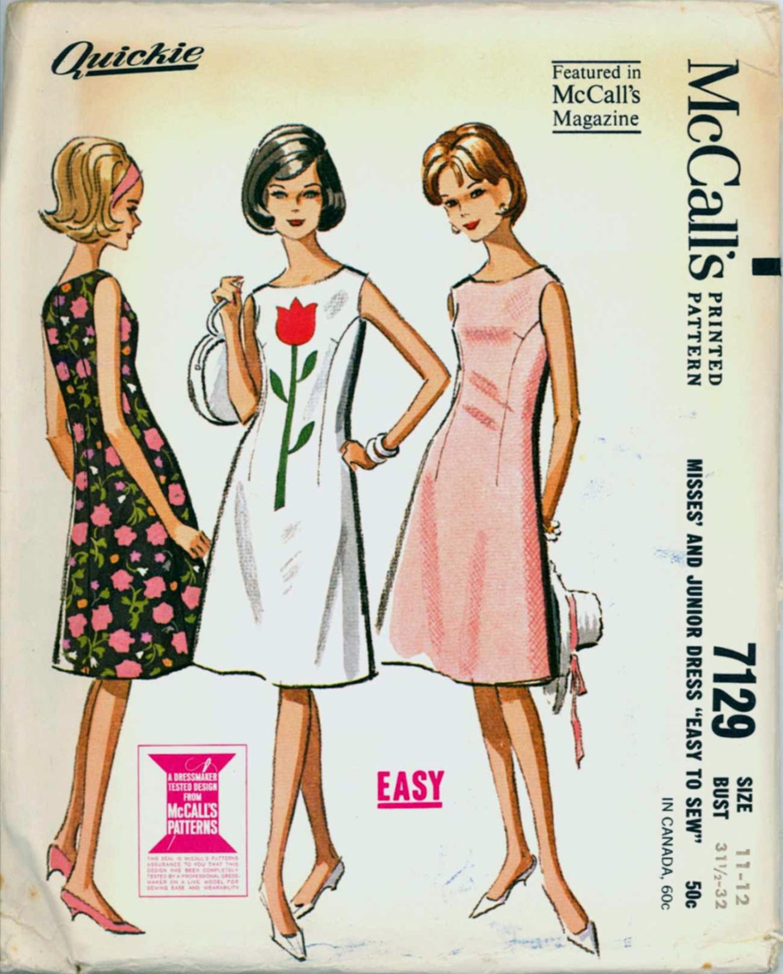 1960s Size 11 12 Bust 31 1/2, 32 Tulip Applique Fitted Dress Mccalls 7129 Vintage Sewing Quickie ...