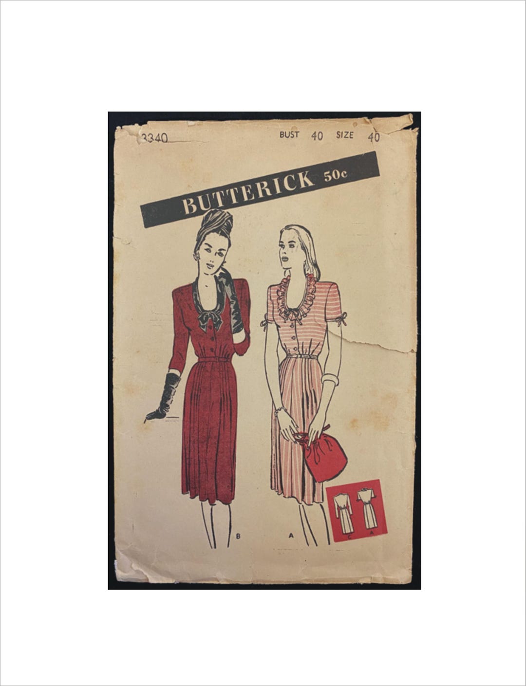 1940s Size 40 Bust 40 U Neckline Dress Butterick 3340 Vintage Sewing ...