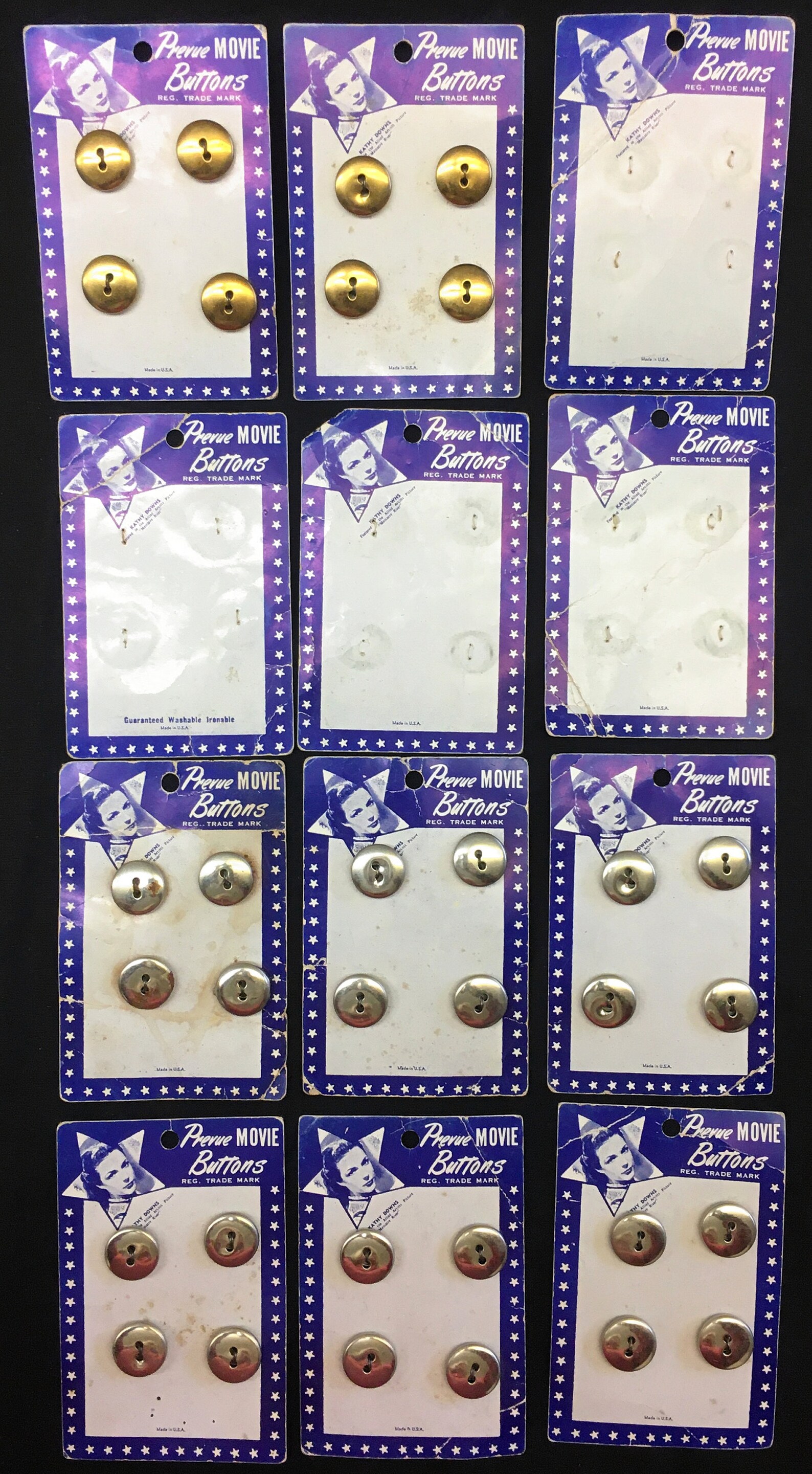 1940s Lot 68 Metal Prevue Movie Buttons Cards Gold Tone Silver Tone ...