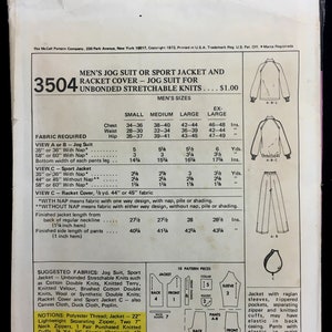 1970s Size S Chest 34 36 Mens Jogging Track Suit Velour Mccalls 3504 ...