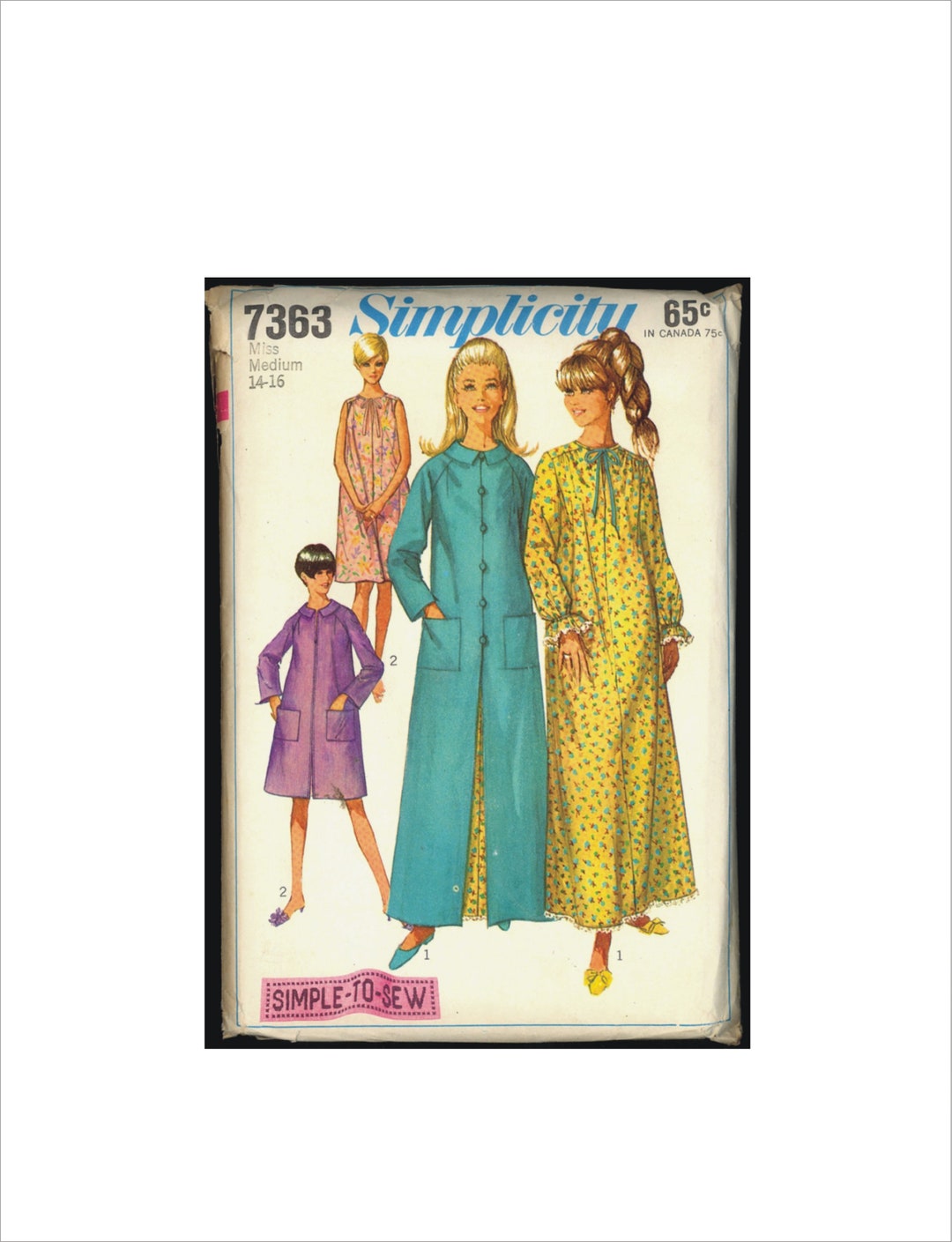 Part Cut 60s Size M 14 16 Simple to Sew Nightgown Robe in Two Lengths ...