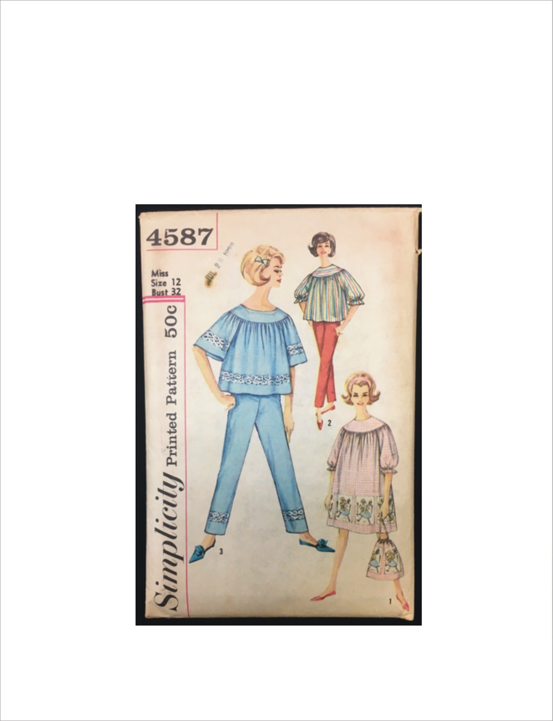 Part Cut 1960s Size 12 Bust 32 Nightgown Pajamas Laundry Bag Simplicity ...