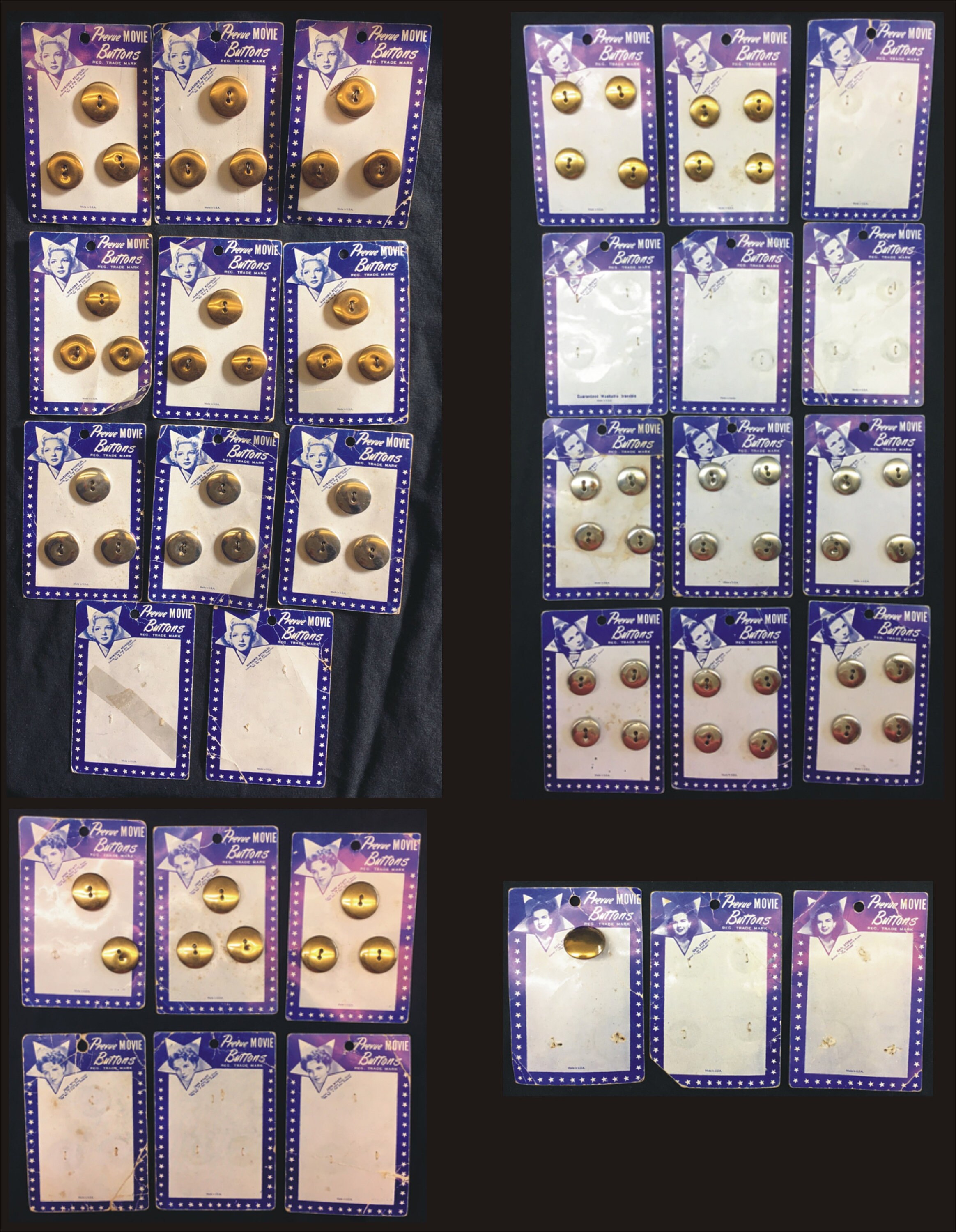 1940s Lot 68 Metal Prevue Movie Buttons Cards Gold Tone Silver Tone ...
