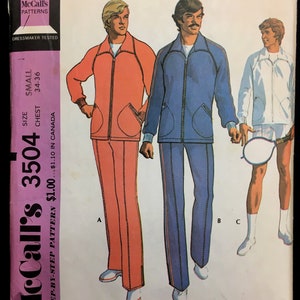 1970s Size S Chest 34 36 Mens Jogging Track Suit Velour Mccalls 3504 ...