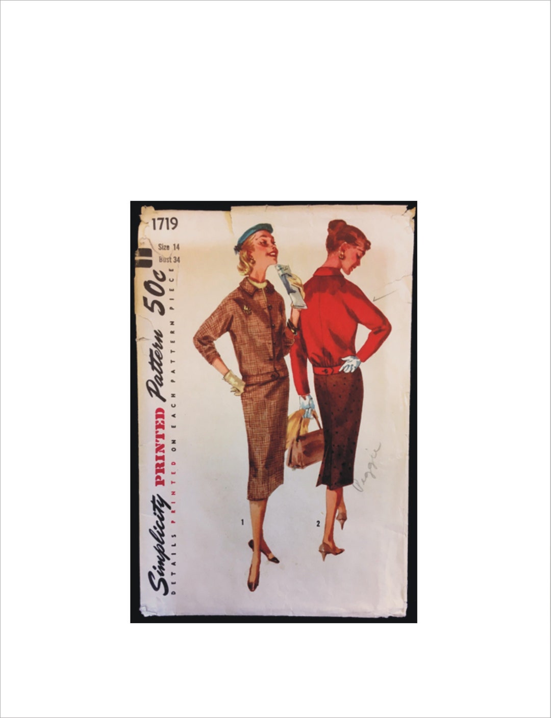 1950s Size 14 Bust 34 Two Pieces Suit Slim Skirt Bloused Back Jacket ...