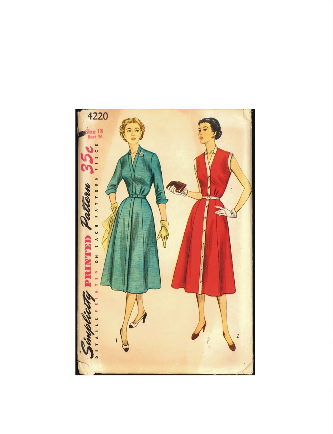 Uncut 1950s Size 18 Bust 36 Button Front V Neck Dress Simplicity 4220 ...
