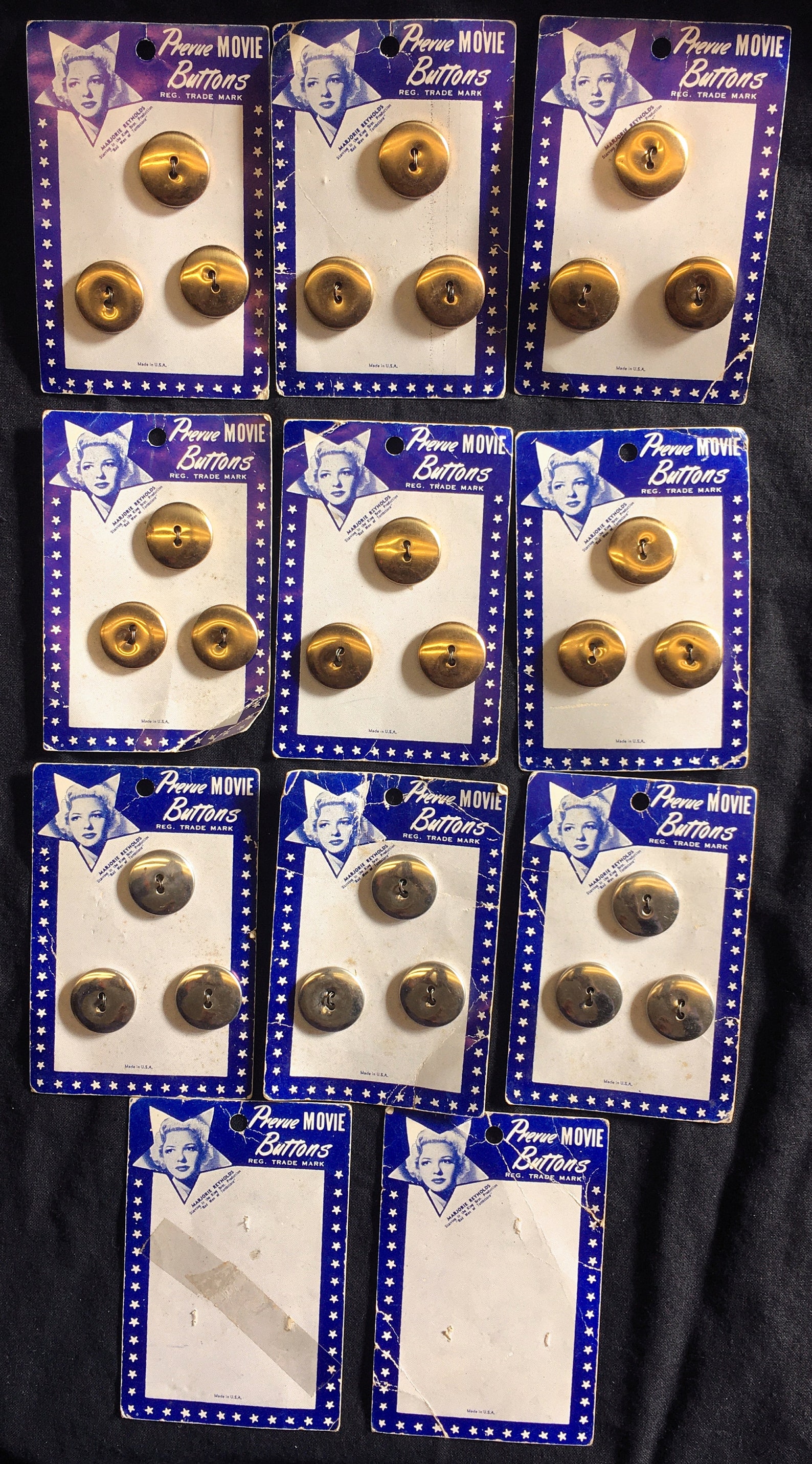 1940s Lot 68 Metal Prevue Movie Buttons Cards Gold Tone Silver Tone ...