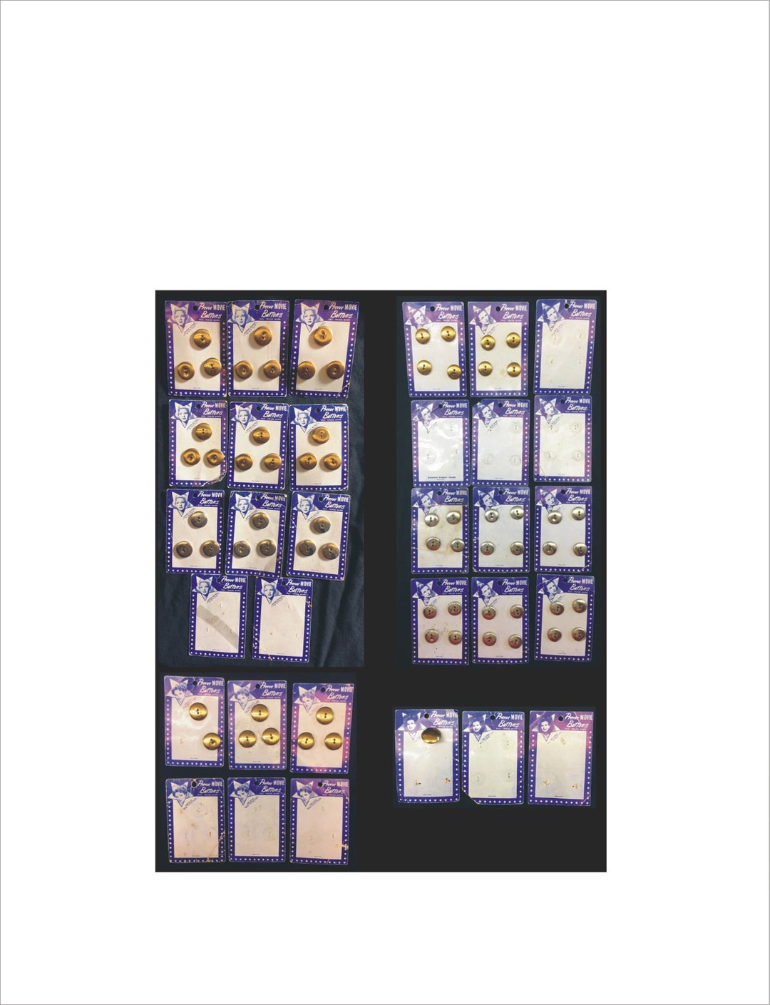 1940s Lot 68 Metal Prevue Movie Buttons Cards Gold Tone Silver Tone ...
