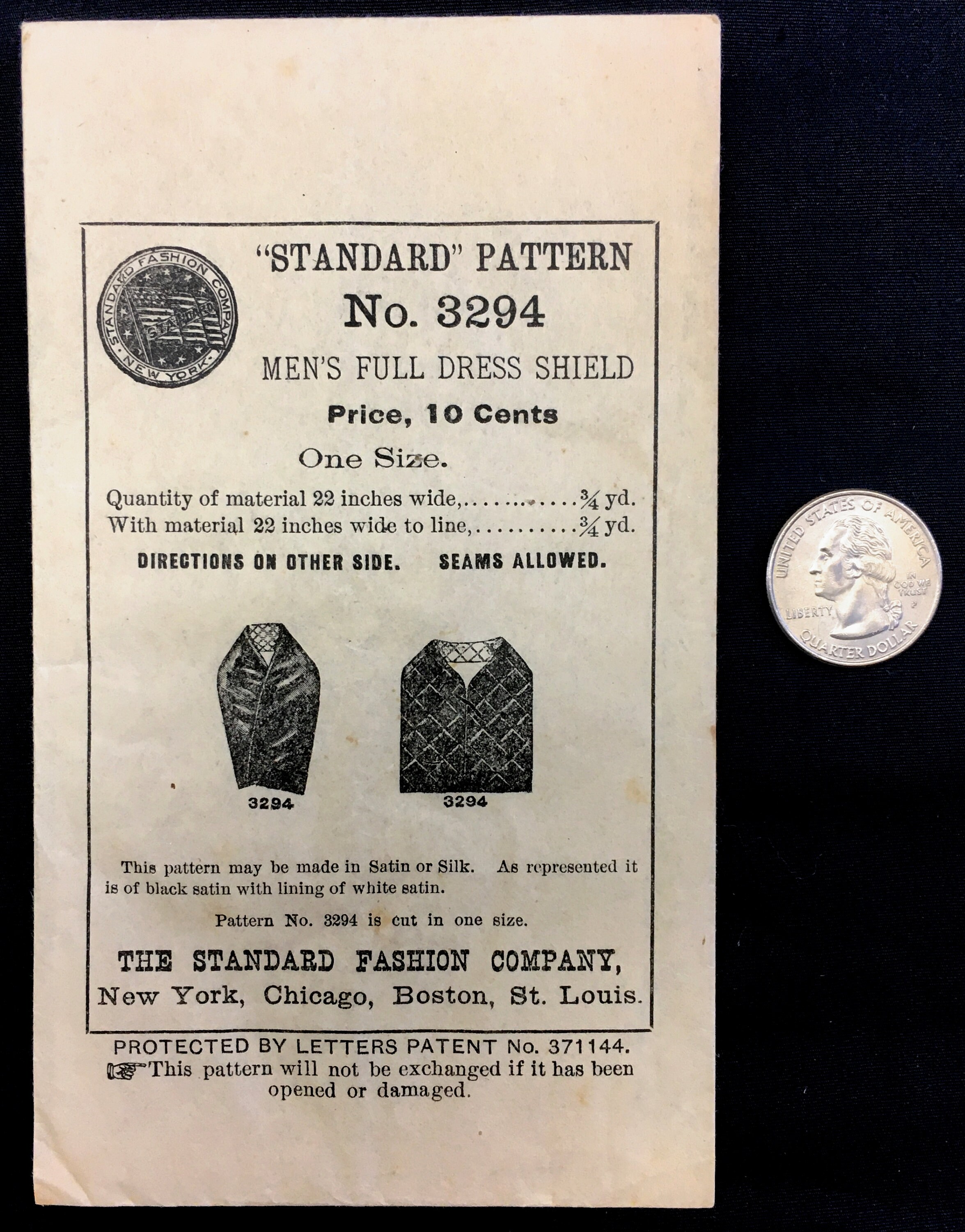 Uncut 1890s One Size Men’s Full Dress Shield Standard Pattern 3294 ...