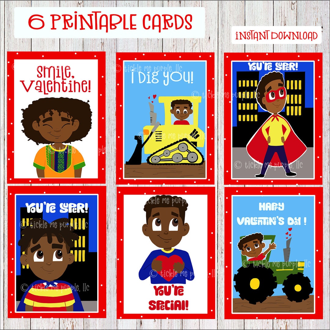 African American Boy Valentine's Kids Cards Printable Valentine's Day ...