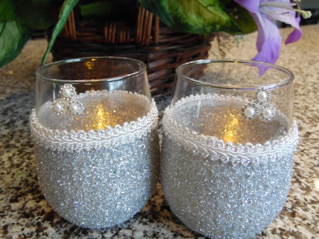 Silver Glittered Tea Light Centerpiece With LED Light: Set of 2 - Etsy