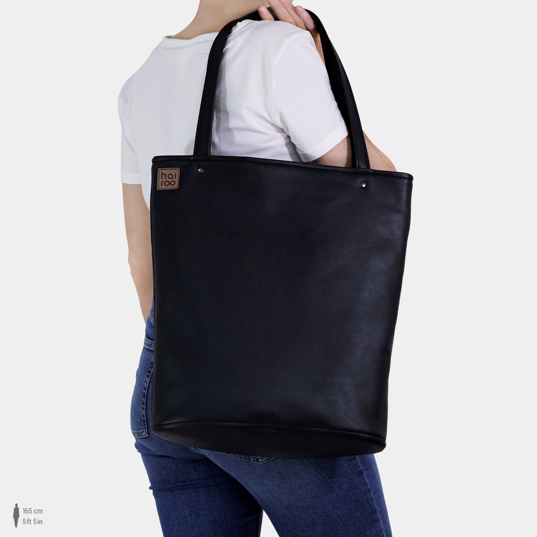 Vegan Leather Work Tote Bag, Zippered Shopper With Pockets, Simple ...
