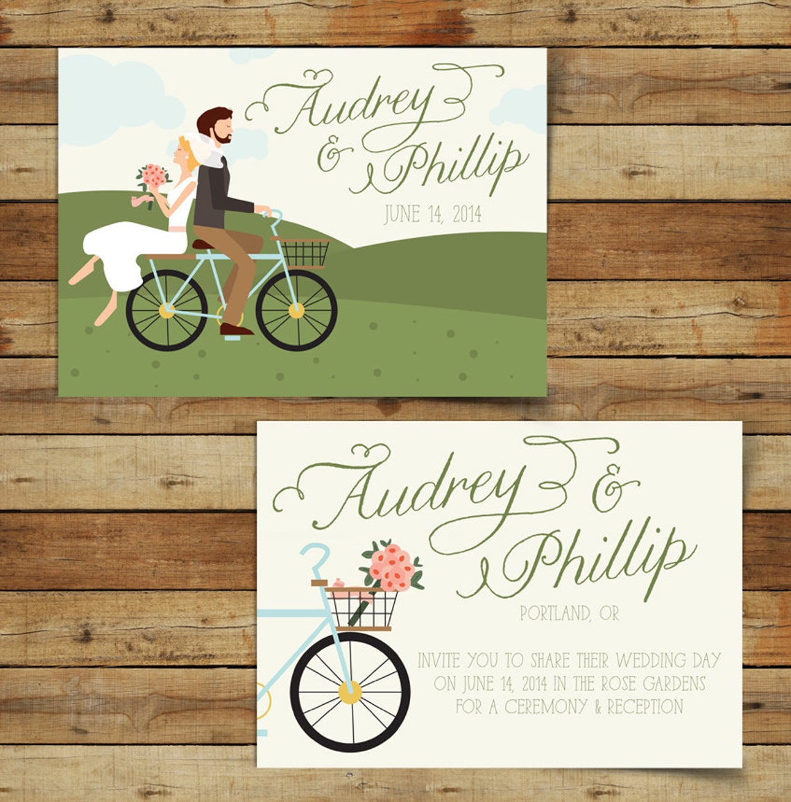 Ride on Bike Wedding Invitation Suite /// Illustrated Couples Portrait ...