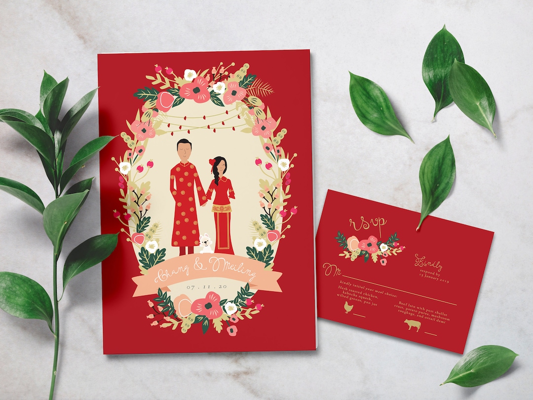Traditional Chinese Bilingual Wedding Invitation / Illustrated Couples ...