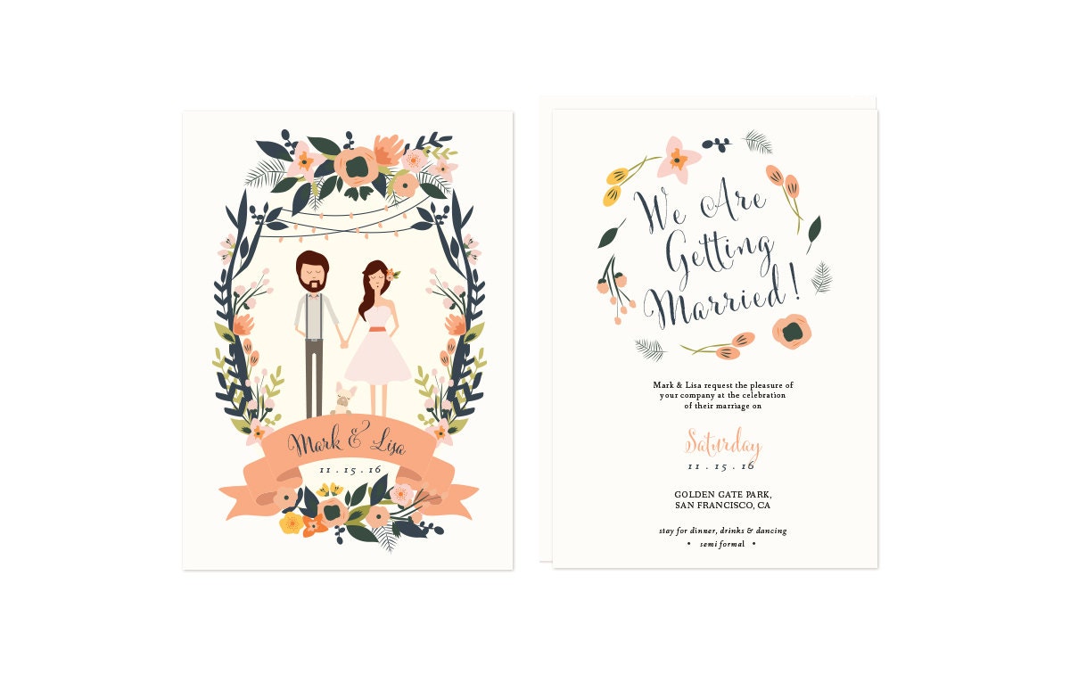 Couples Family Portrait Wedding Invites /// Illustrated | Etsy