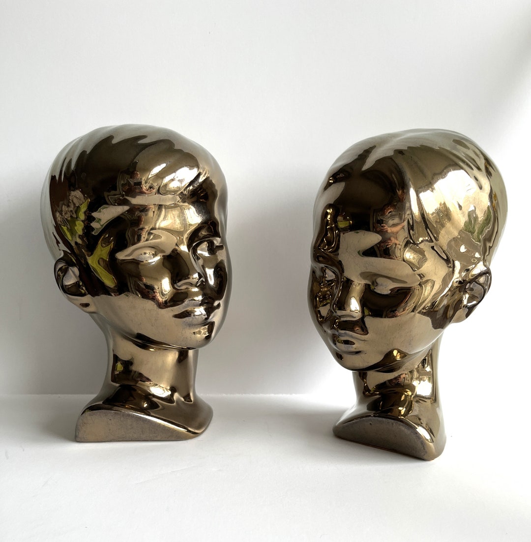Set of 2 Ceramic Busts of a Young Boy and Girl Vintage Bronze Glazed ...