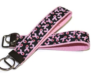 Pink Ribbon Fabric Keychain, Breast Cancer Key Fob Wristlet, Gift Idea ...