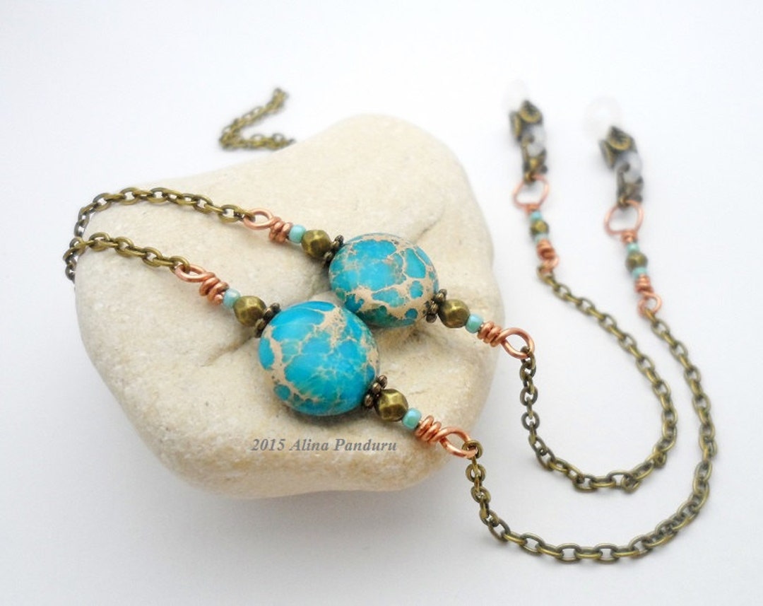 Turquoise Glasses Chain Necklace Bronze Copper and Turquoise - Etsy