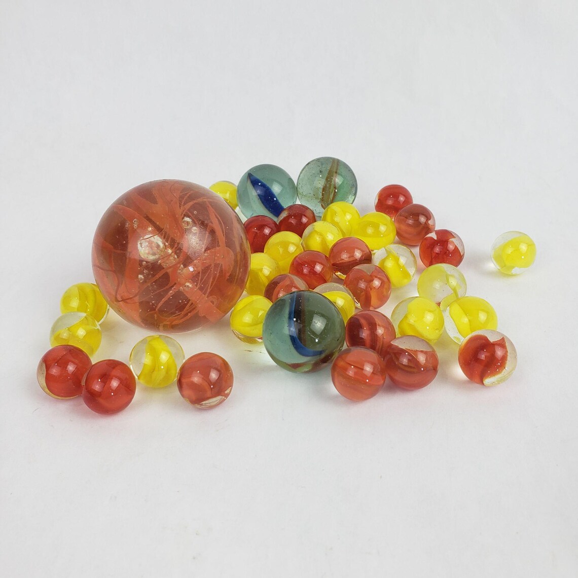 Vintage Glass Marbles Mixed Set W Large Shooter & Swirls Red Yellow ...