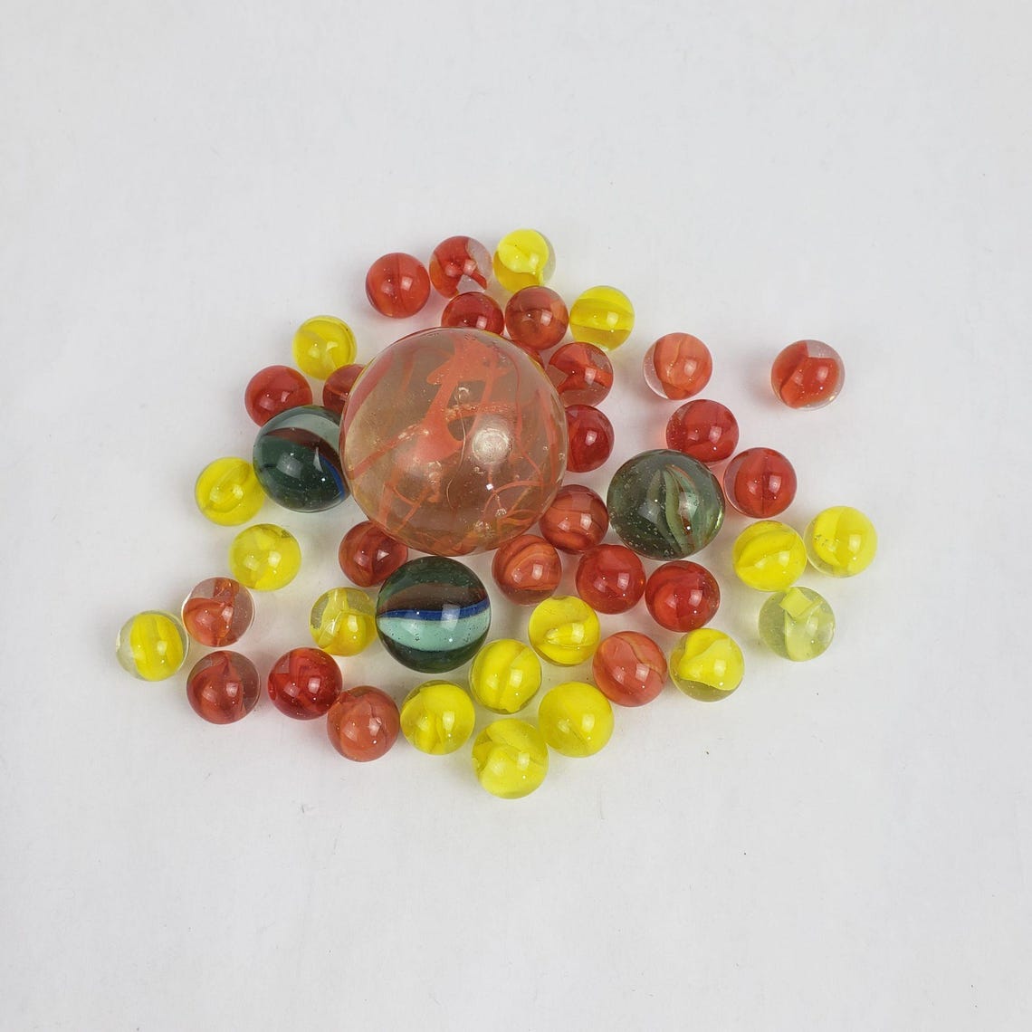 Vintage Glass Marbles Mixed Set W Large Shooter & Swirls Red Yellow ...