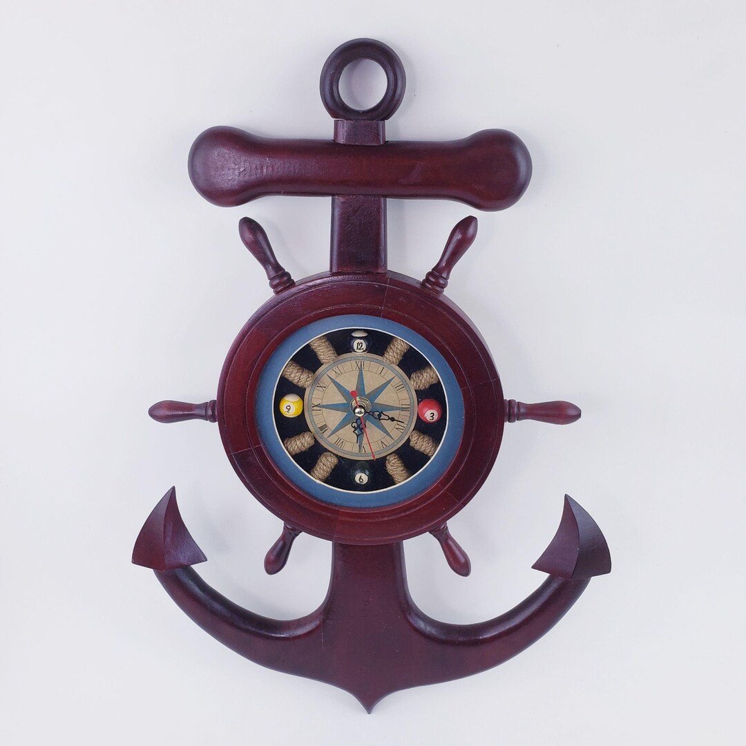 Nautical Maritime Wooden Ship's Wheel Anchor Wall Clock Sailor's Knot ...