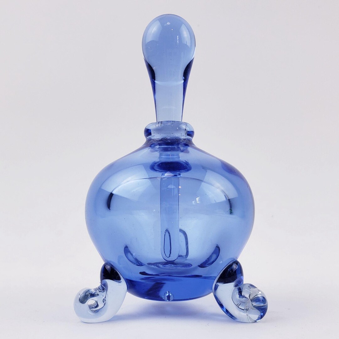 Vintage Blue Art Glass Footed Perfume Bottle With Stopper & Three Feet ...