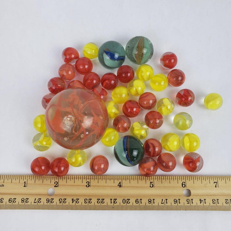 Vintage Glass Marbles Mixed Set W Large Shooter & Swirls Red Yellow ...