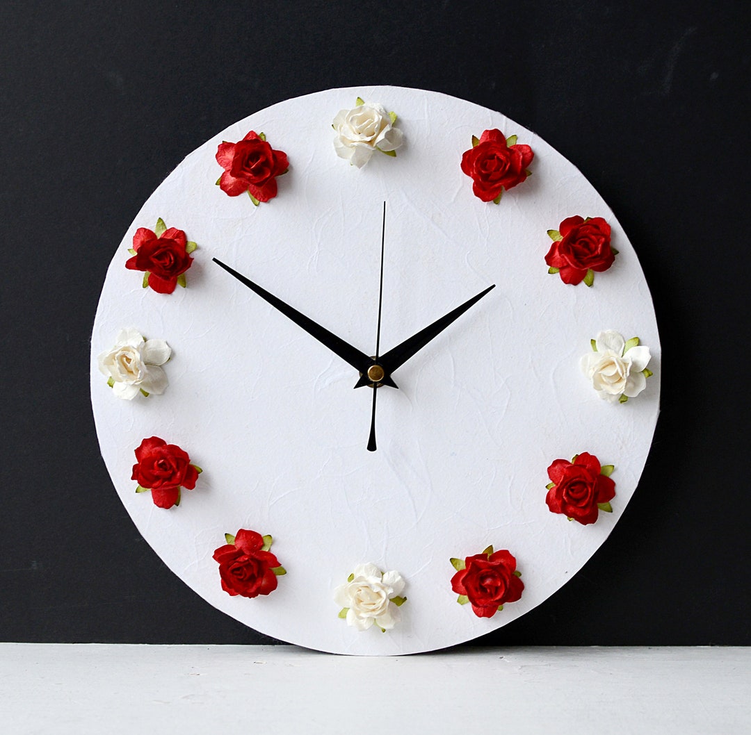 Roses Wall Clock - Mulberry Paper Red Roses Decoupage Clock - 3D Clock ...