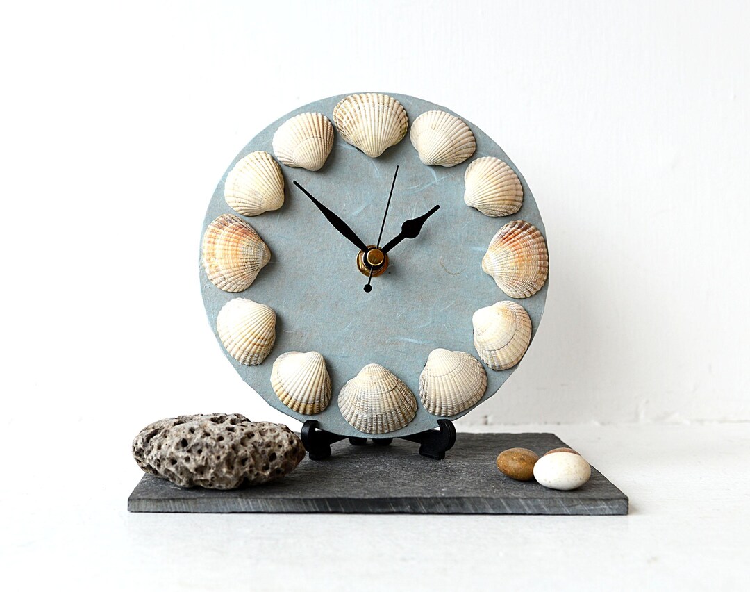 Sea Shells Desk Clock - Real Sea Shells Clock - Beach Clock - Blue Desk ...