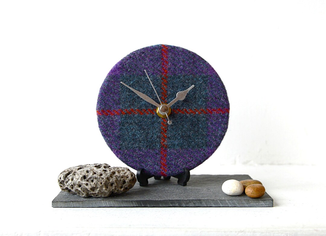 Harris Tweed Desk Clock – Grey & Purple Tartan, Scottish Wool Gift - Etsy
