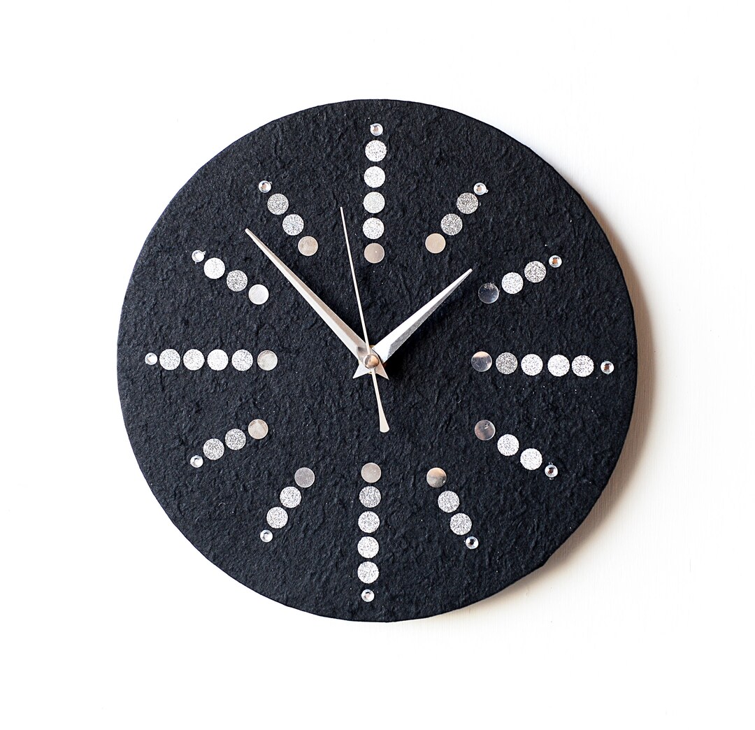 Black Wall Clock - Paper Wall Clock - Glitter Clock - Black and Silver ...