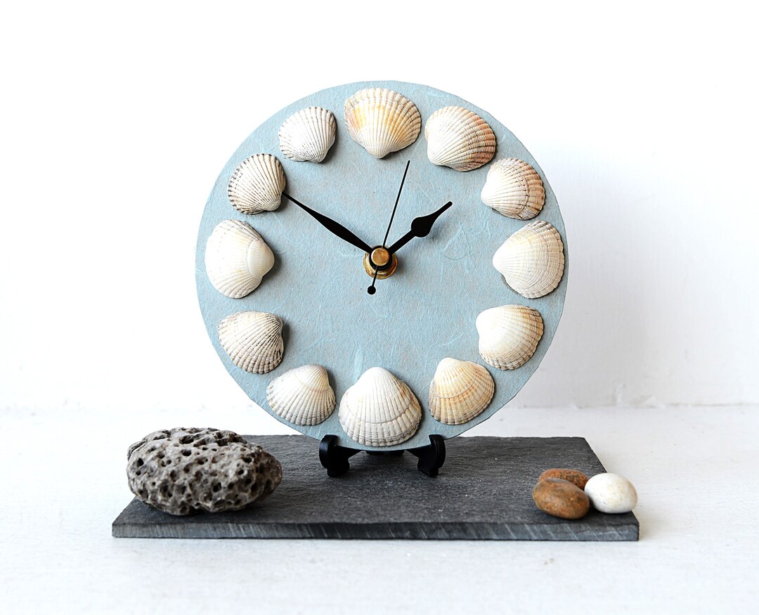 Sea Shells Desk Clock Real Sea Shells Clock Beach Clock Blue Desk Clock ...