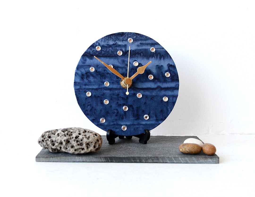 Blue Desk Clock Decoupage Fabric Desk Clock Rhinestones Clock Batik ...