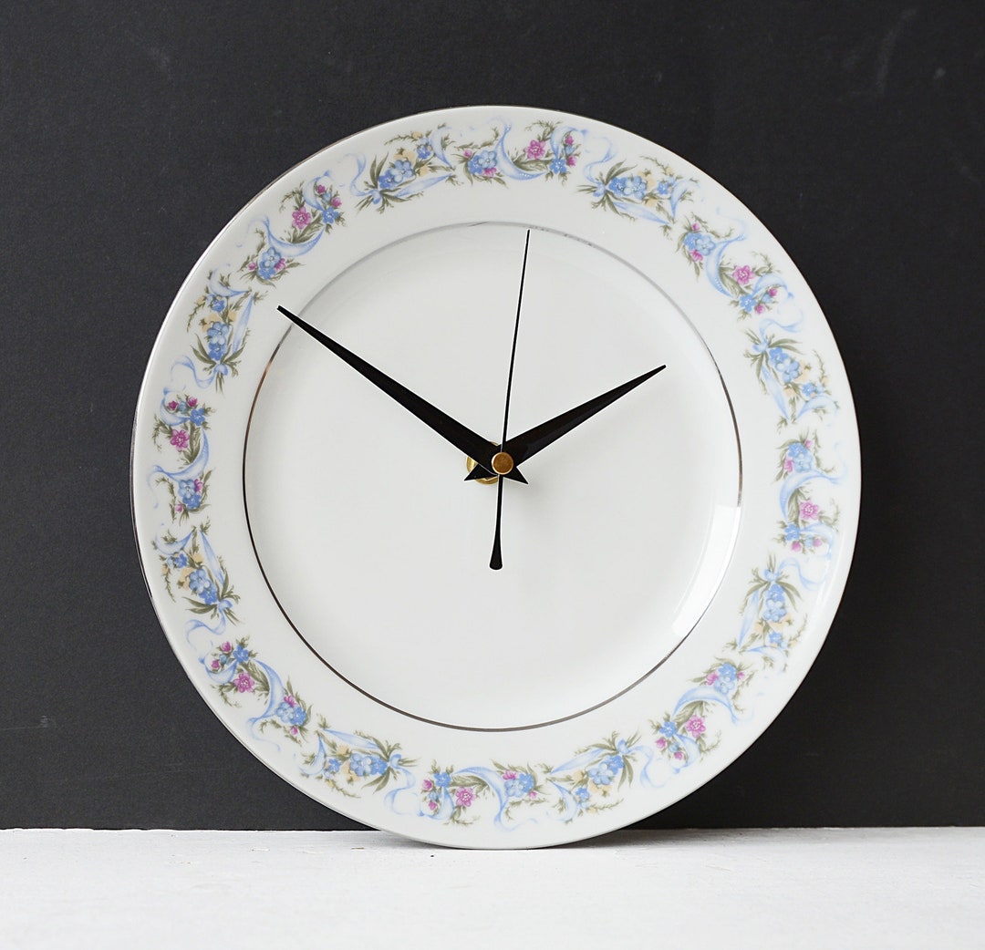 Dinner Plate Clock - Blue Flowers Clock - Recycled Ceramic Plate ...