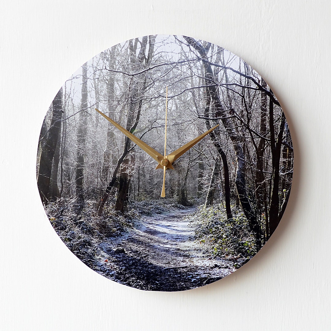 Woodland Clock - Photo Wall Clock - Winter Frost Clock - Black and ...