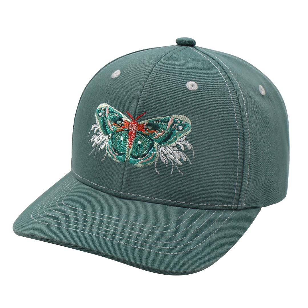 Embroidered Moth Butterfly Baseball Cap – Nature Art Hat, Vintage Green ...
