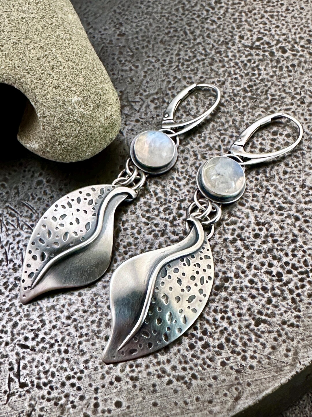 Pale Rainbow Moonstone Sterling Silver Leaf Earrings With Hand Stamped ...