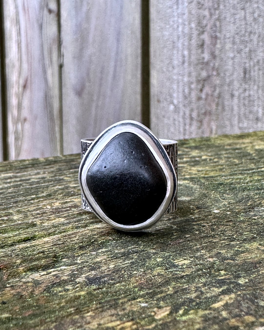 Black Basalt Beach Stone Ring: Hand Stamped Sterling Silver Band, Size ...