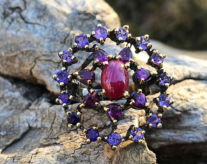 Handmade Sterling Silver Exquisite Ruby Amethyst Statement Ring 7 - Etsy