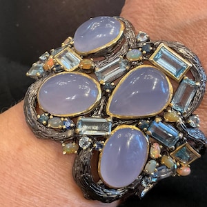 Sterling Silver Natural Opal Blue Topaz Chalcedony Cuff Bangle Bracelet ...